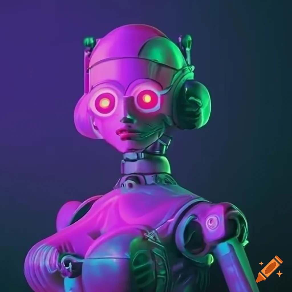 Illuminated fembot robot in a hightech vaporwave setting on Craiyon