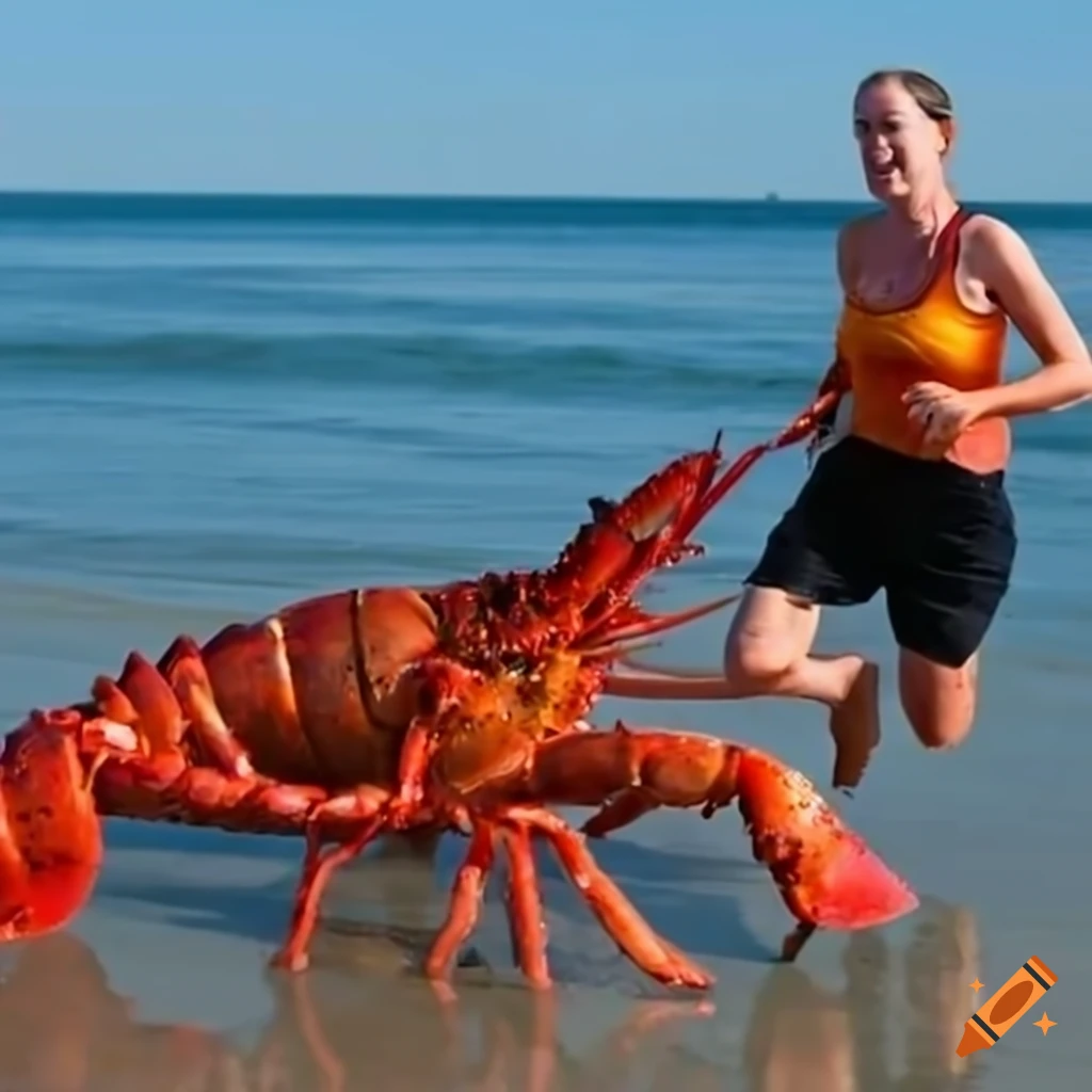 Woman running from giant lobster on beach on Craiyon
