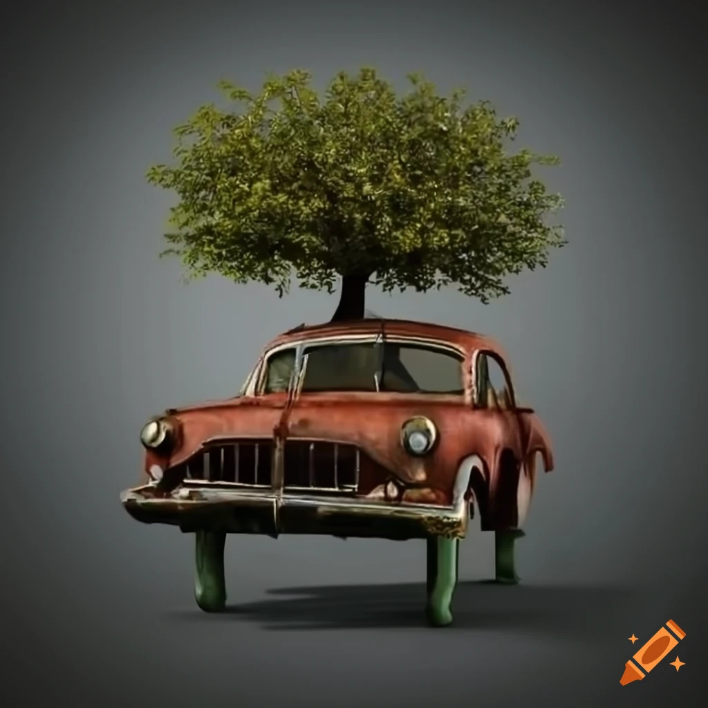 Old car parked under a tree in 3d rendering on Craiyon