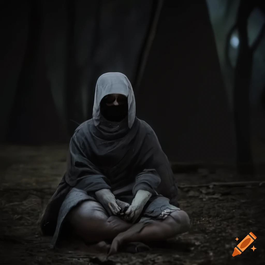 Hooded man with a hollow knight bone mask sitting next to a dim fire in ...