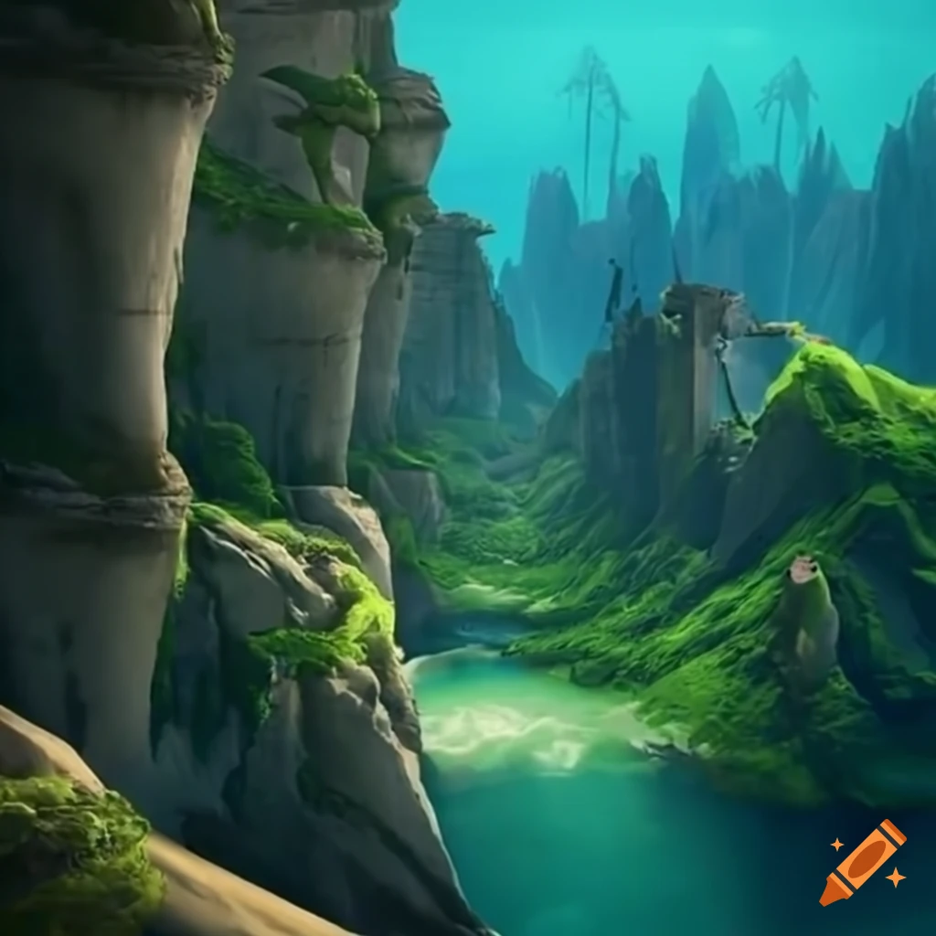Alien obstacle course with lush flora and distinct zones on Craiyon