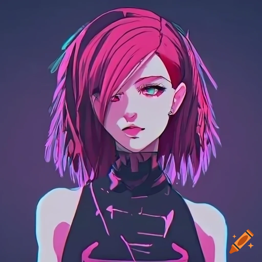 Anime synthwave girl with red hair and cybernetic elements on Craiyon