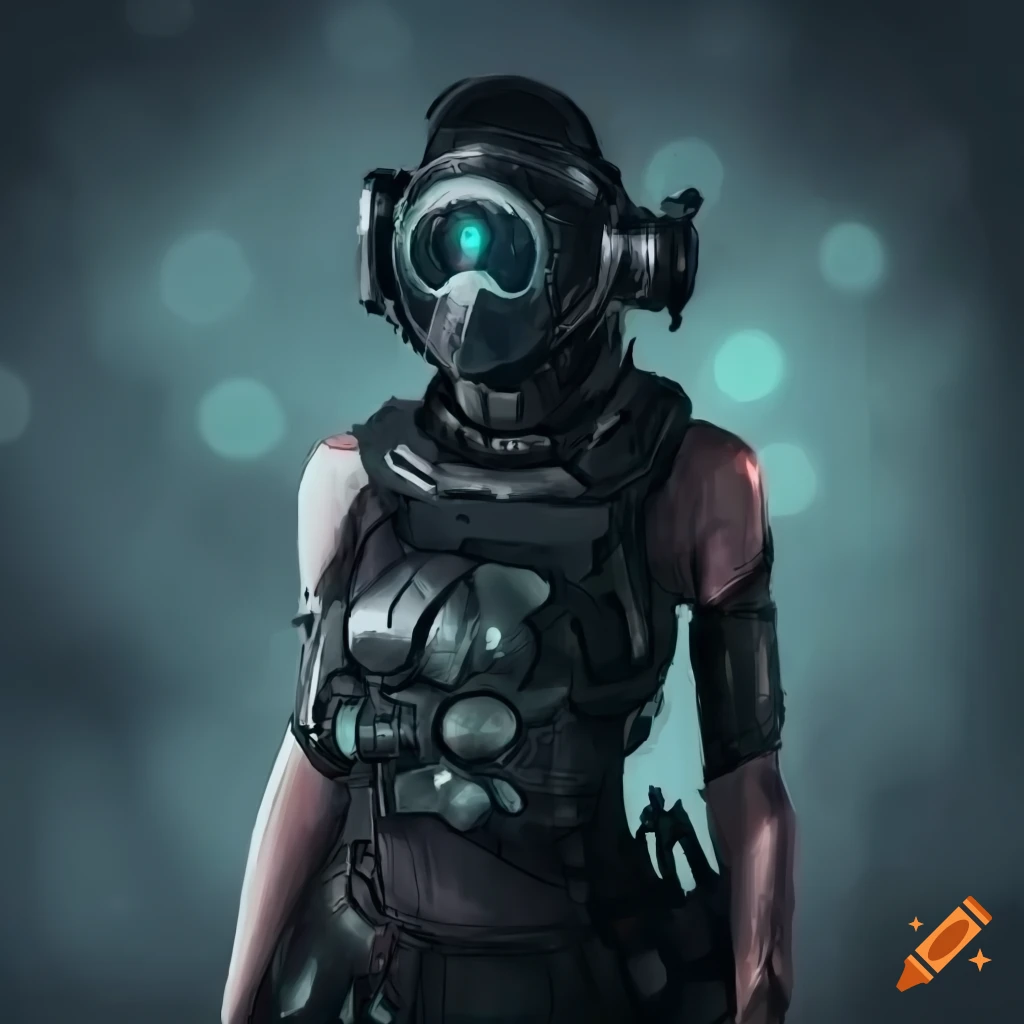 Detailed concept art of a cybernetic female sniper in a sleek black ...