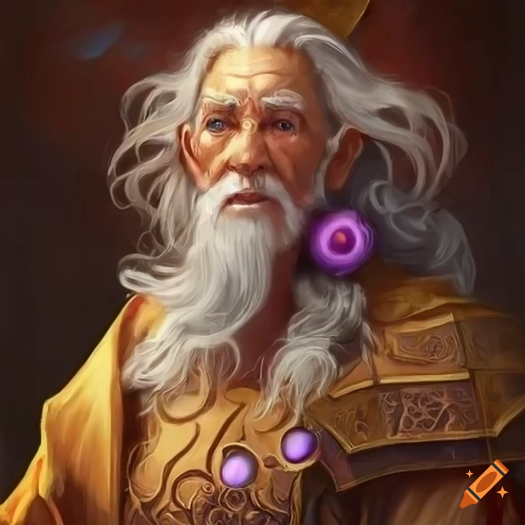 Portrait of a loyal sun priest with medium wavy gray hair and purple ...