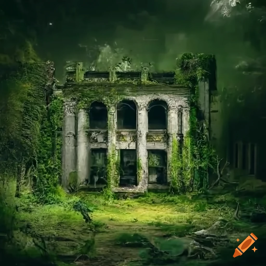 Post-apocalyptic white house ruins covered in overgrown moss and ...