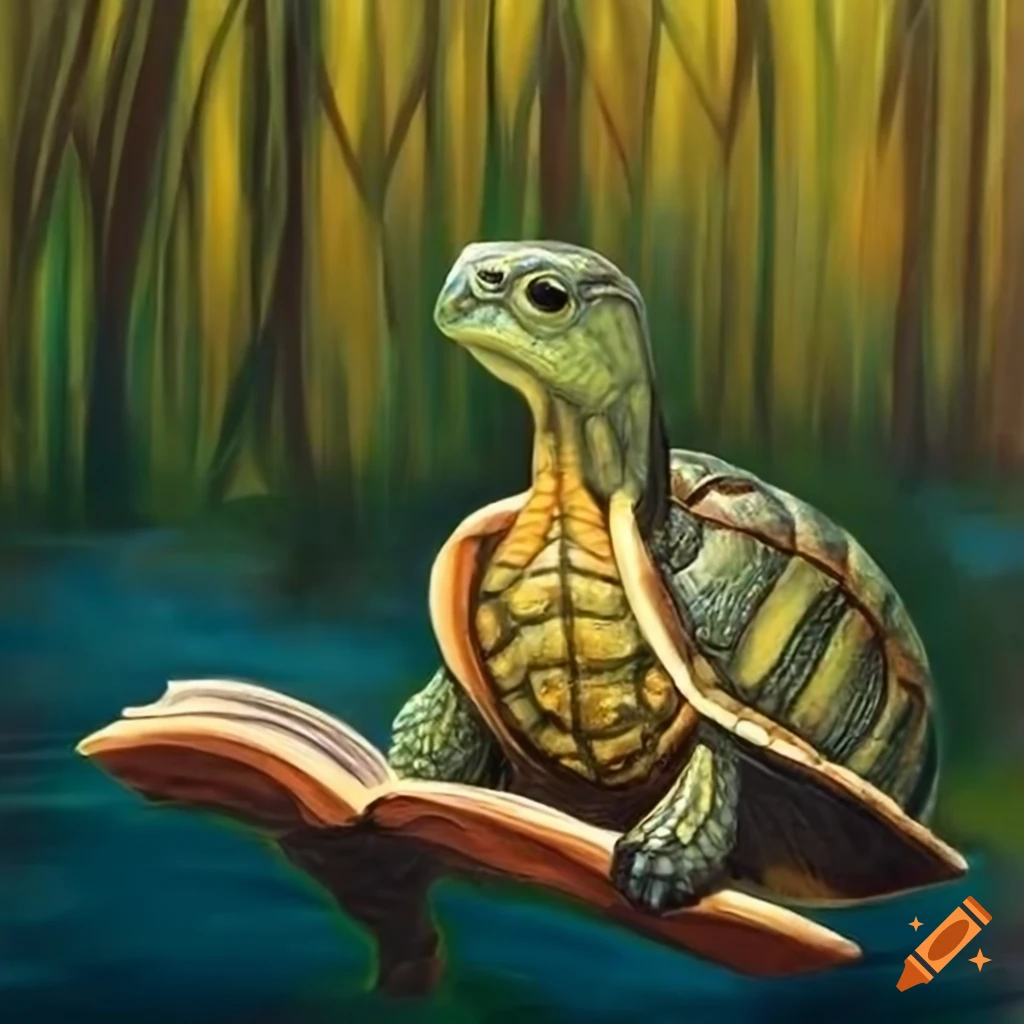 Turtle reading a book to pond friends on Craiyon