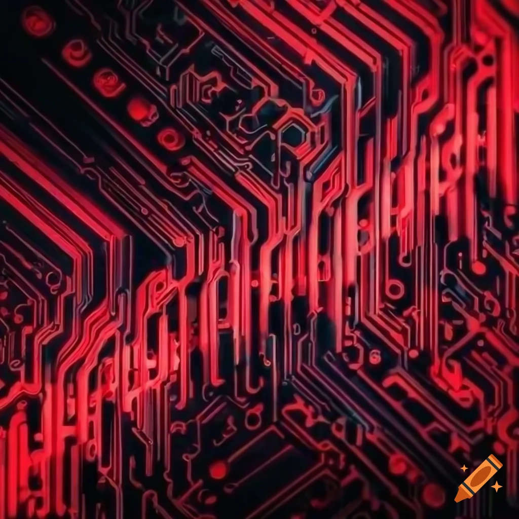 Abstract artwork of black and glowing red printed circuits boards with ...