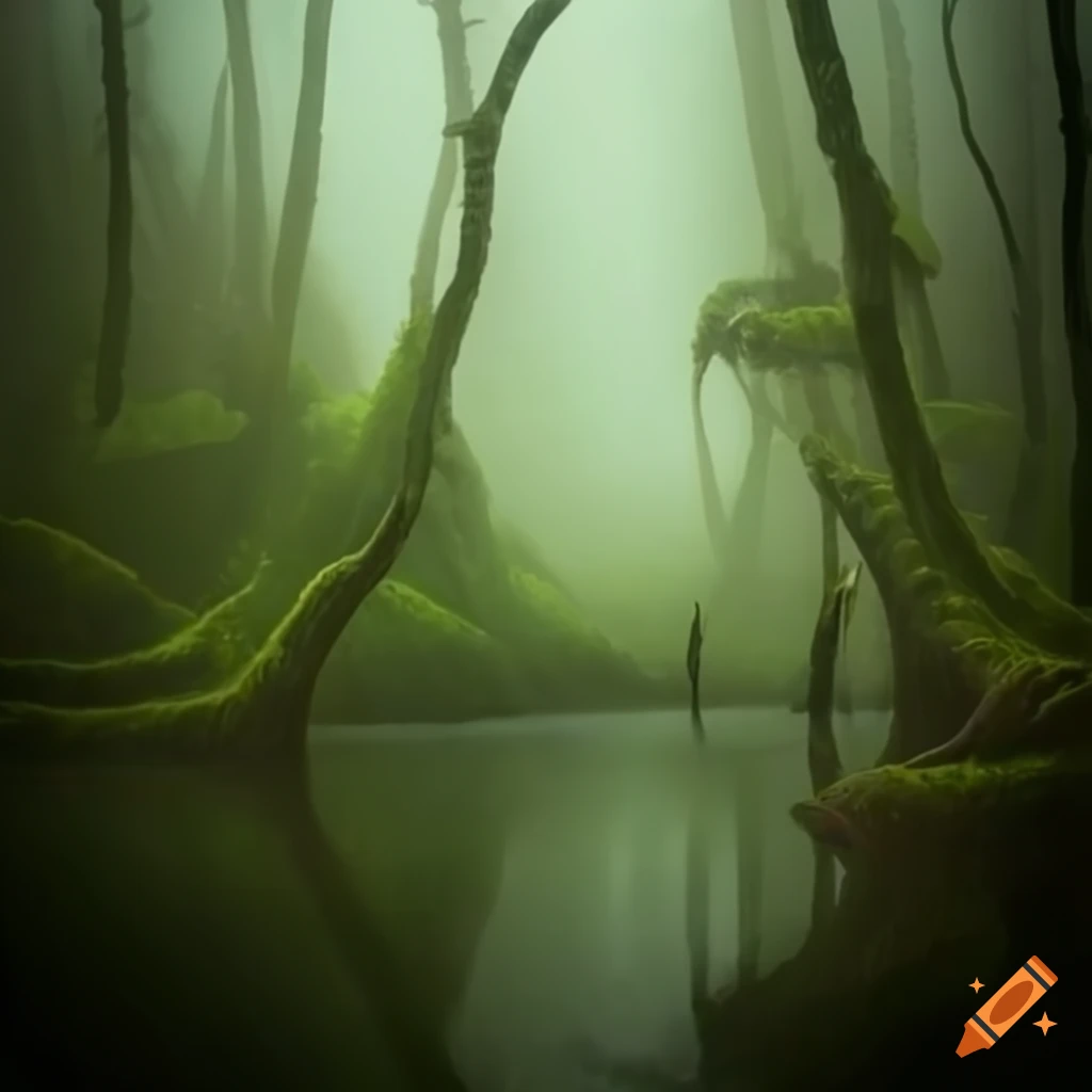Mossy swamp with fog and magic in the air on Craiyon