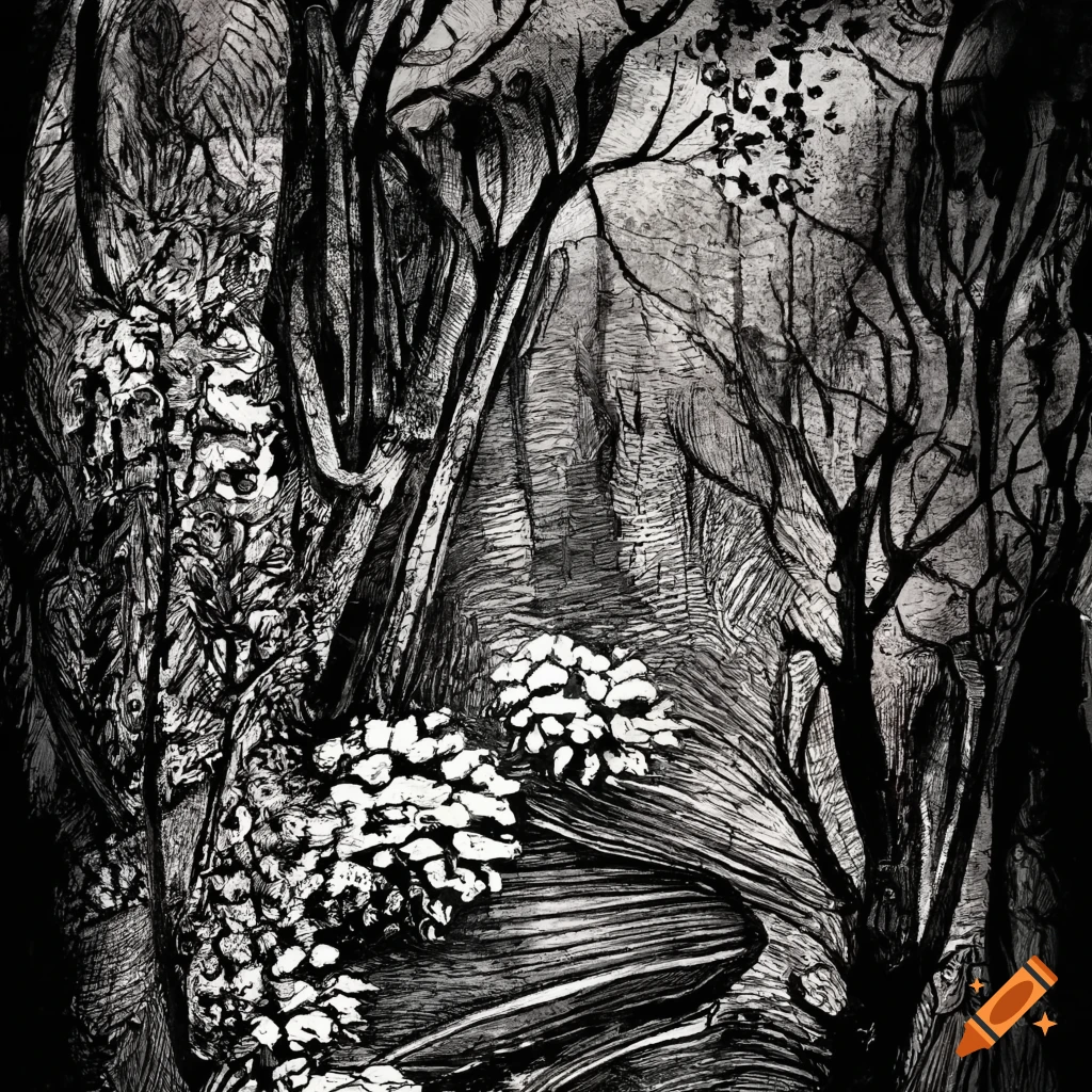 Graphic black and white illustration of a garden with forking paths on ...