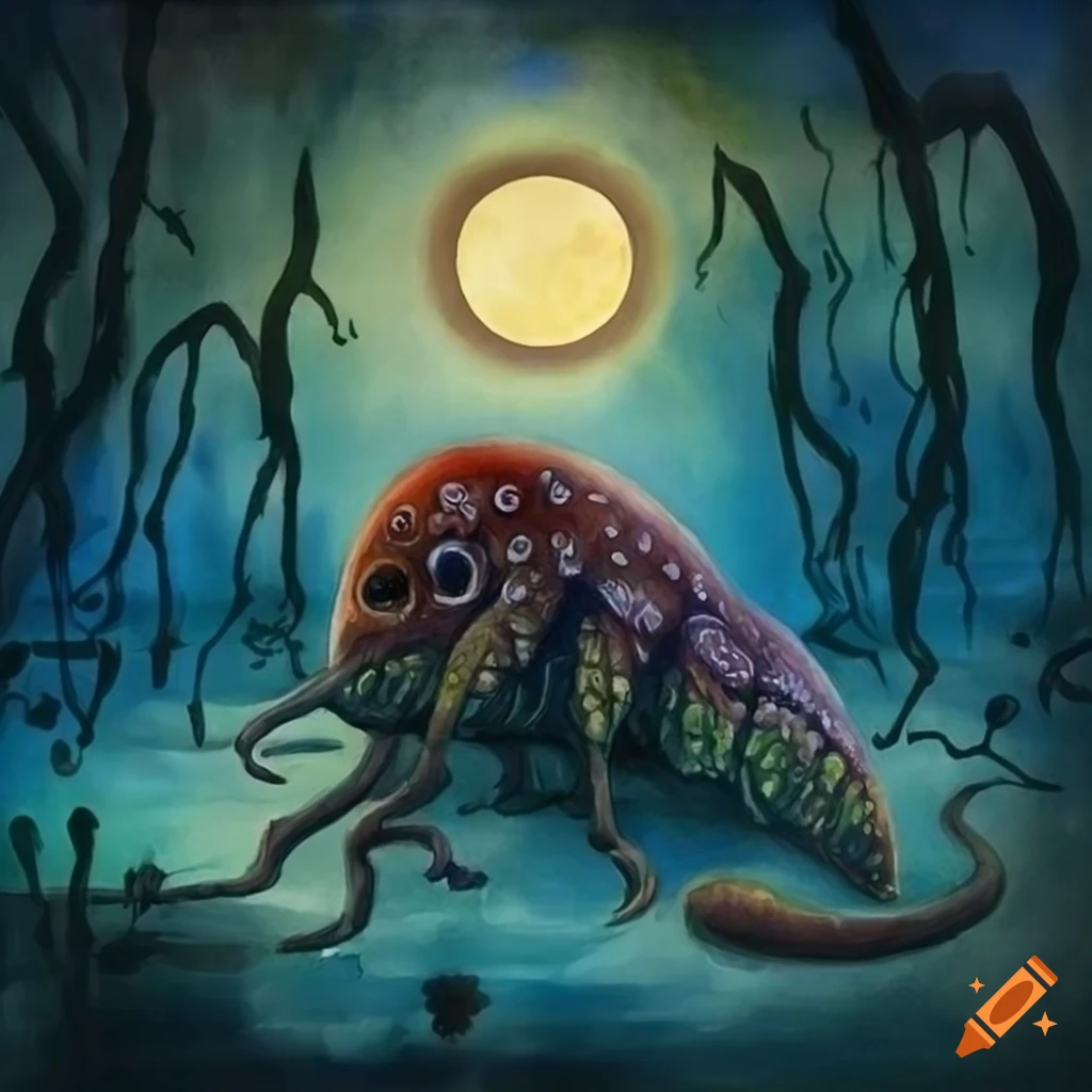 Bunyip gliding through moonlit swamp with shimmering water reflections ...