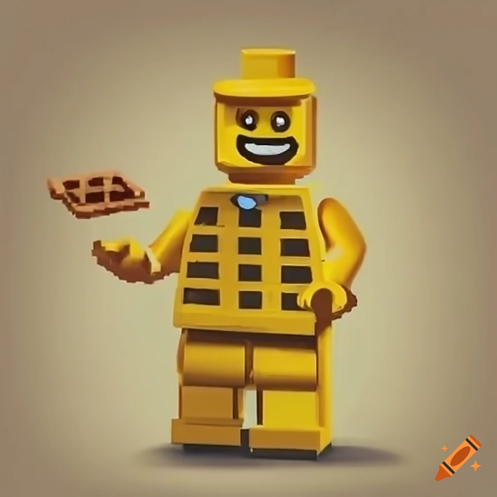 Happy yellow lego man holding a waffle on Craiyon