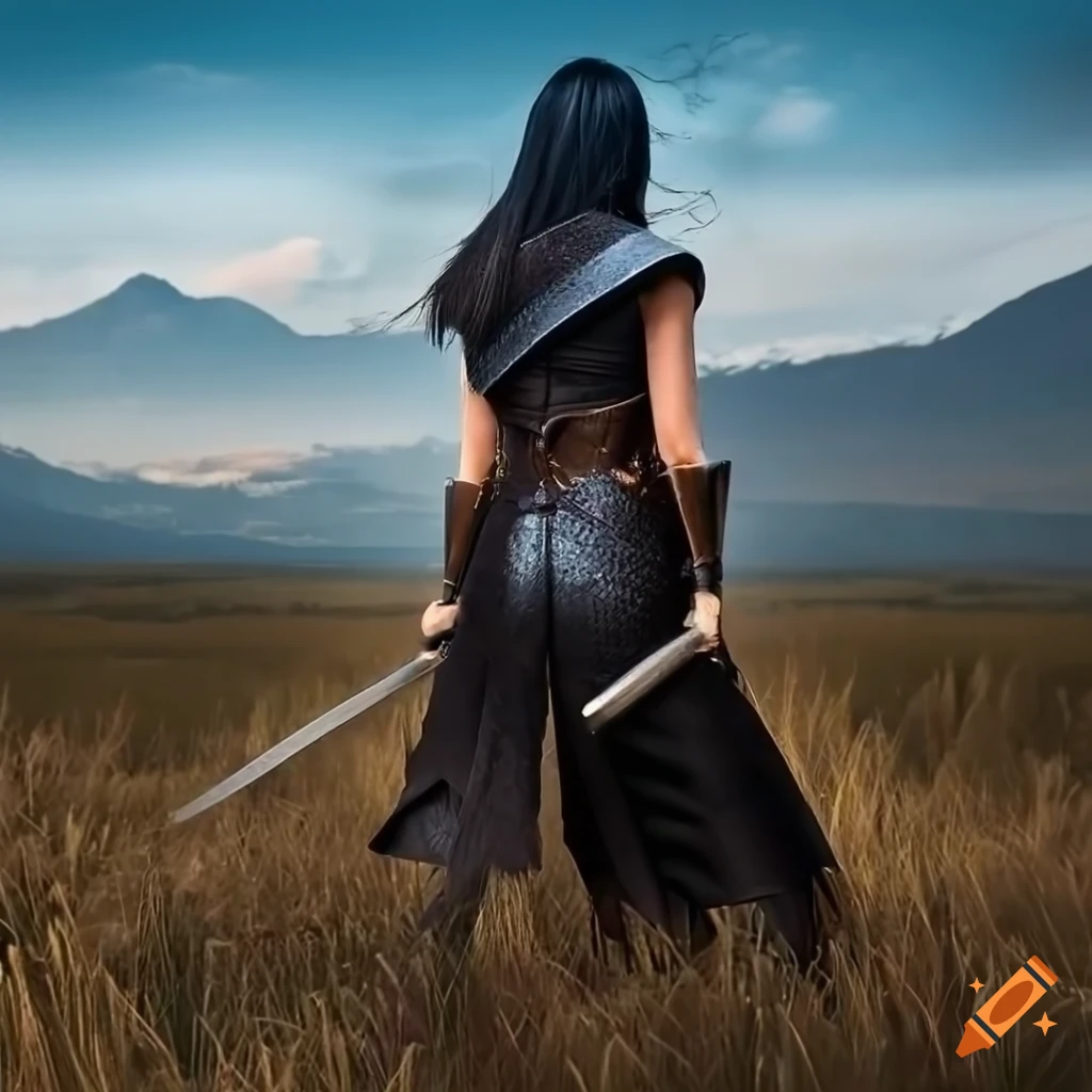Warrior woman with blue eyes and black hair in a mountainous landscape ...