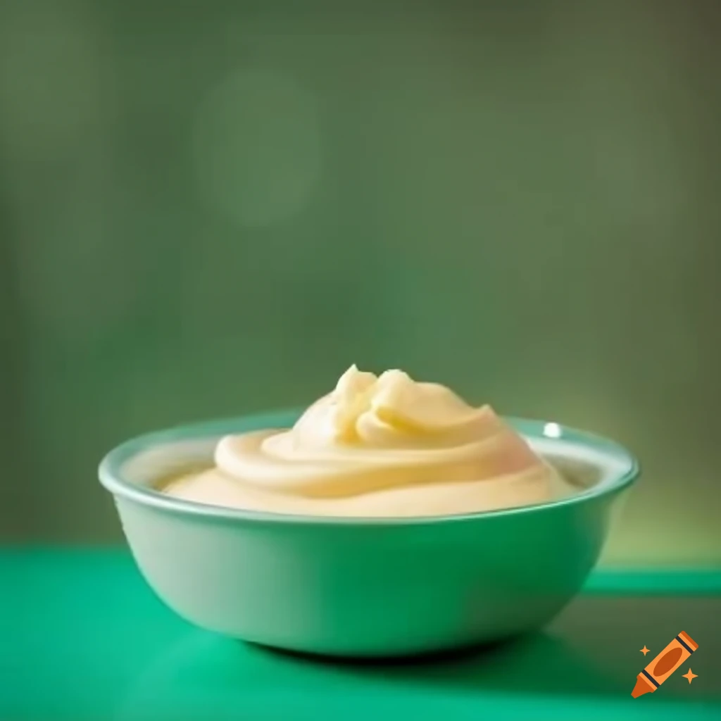 Mayonnaise in a bowl on a green background on Craiyon