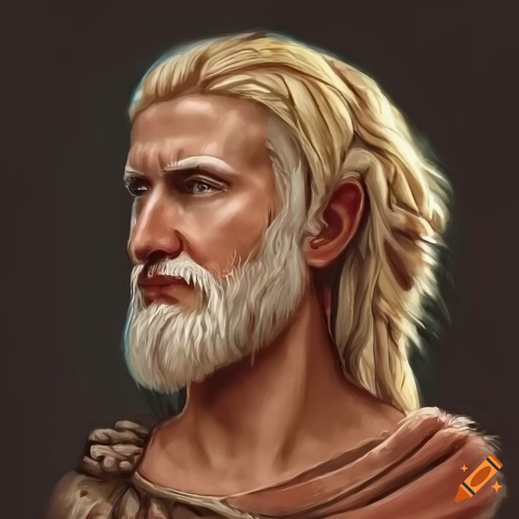Portrait of ancient germanic roman caesar with long blonde hair and ...