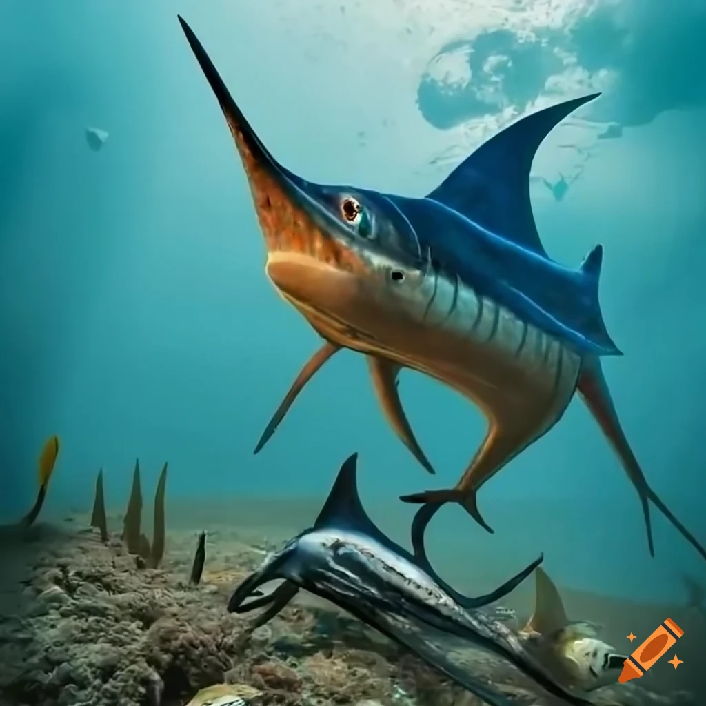 Swordfish in deep ocean, kraken near underwater ruin, stingray hunting ...