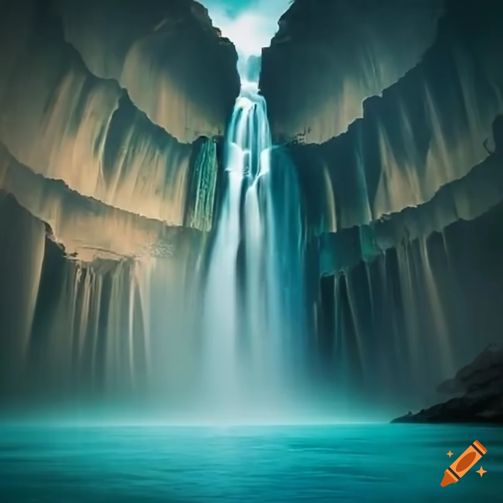 Captivating circular wall of endless waterfalls from inside perspective ...