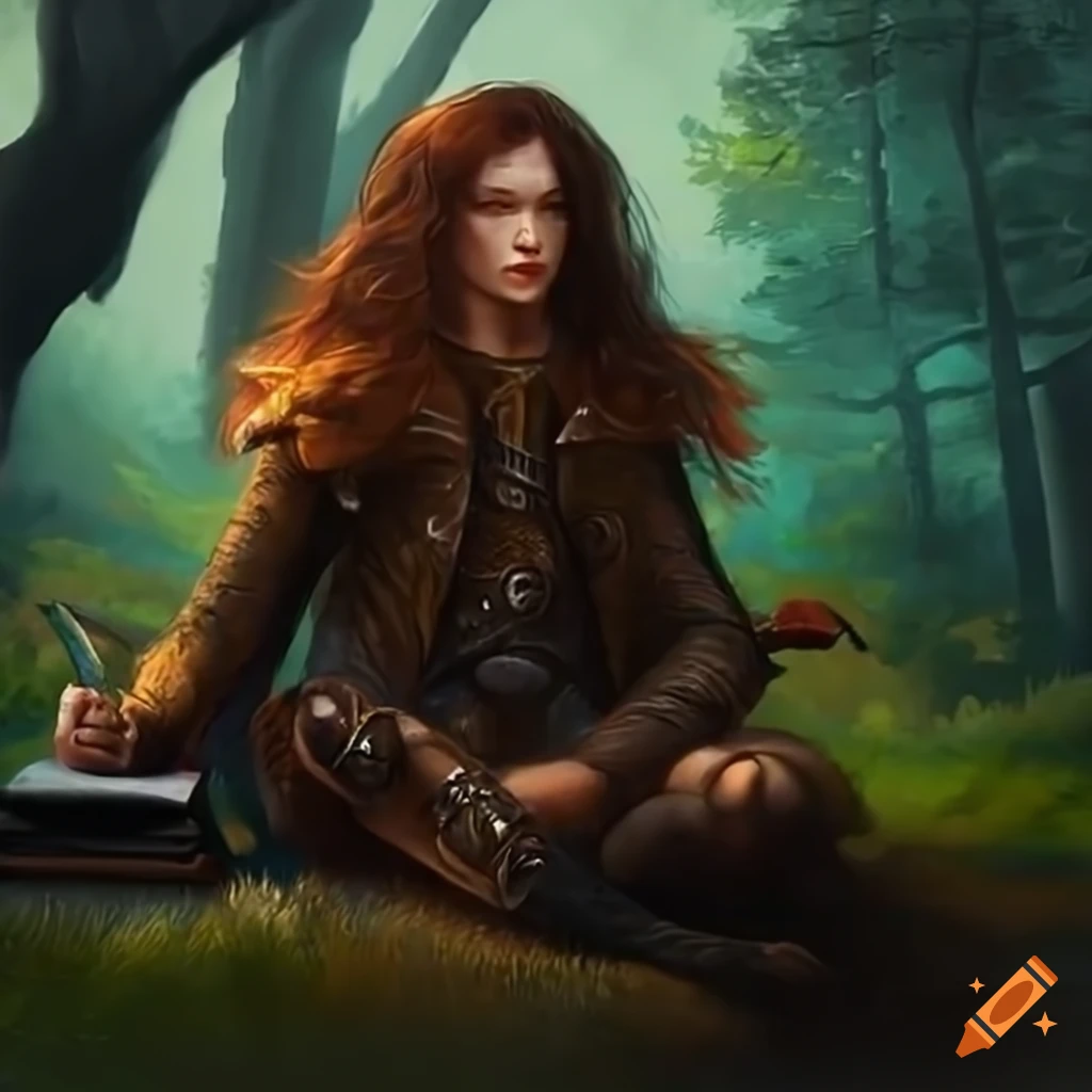 Peaceful fighter in studded leathers studying under a tree in a fantasy ...