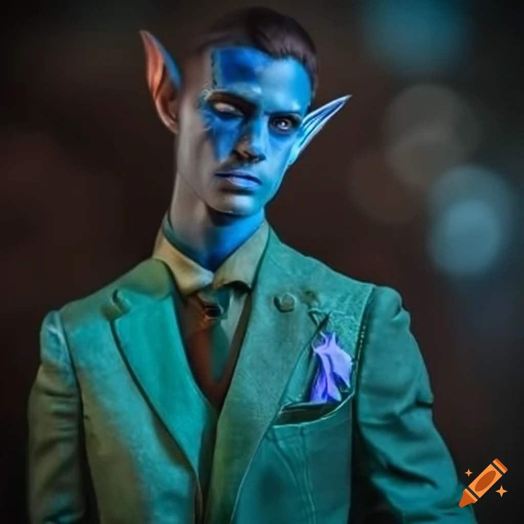 Male elf with dark blue skin in a dark green suit and bowler hat on Craiyon