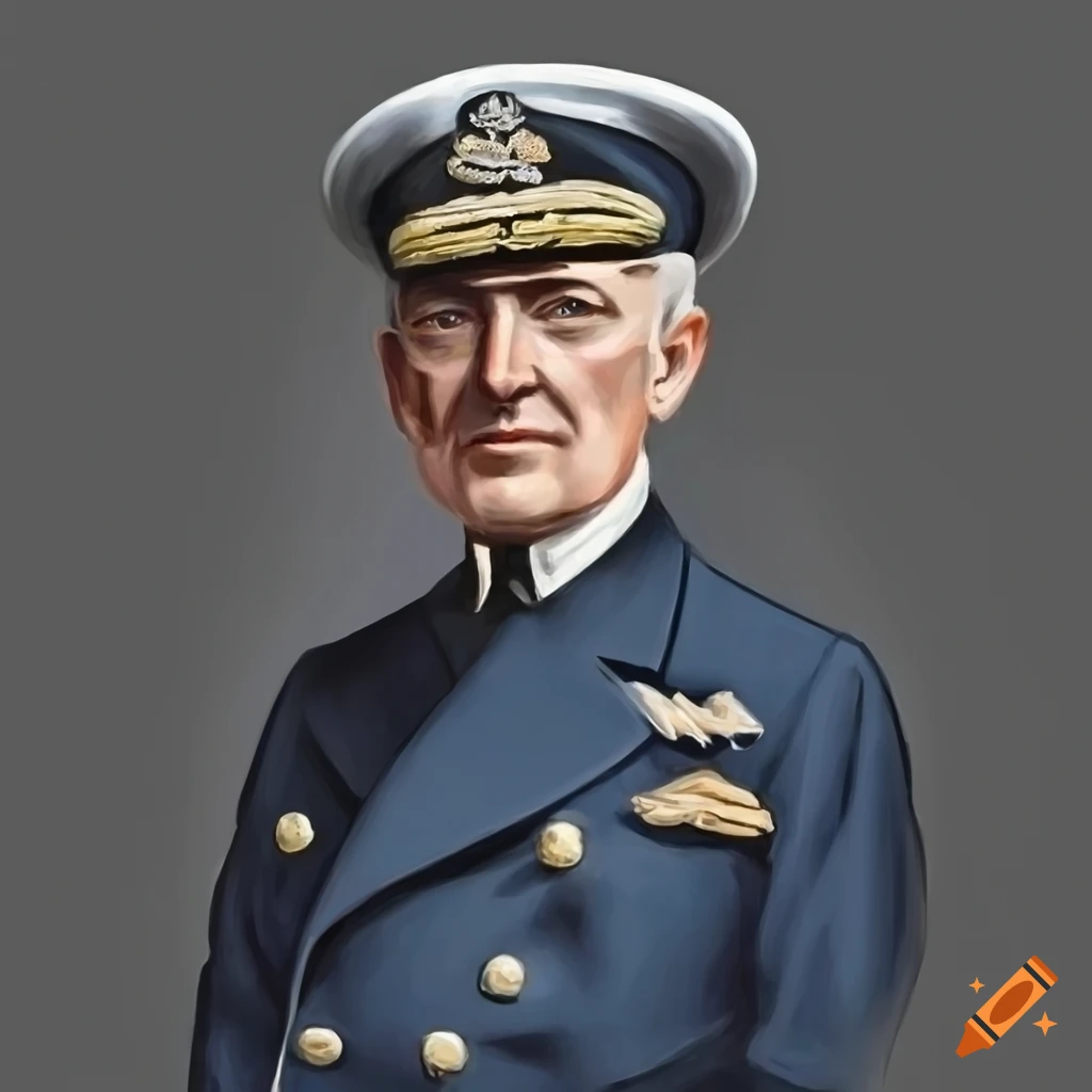 Portrait of naval admiral in ww2 era dark blue uniform with white trim ...