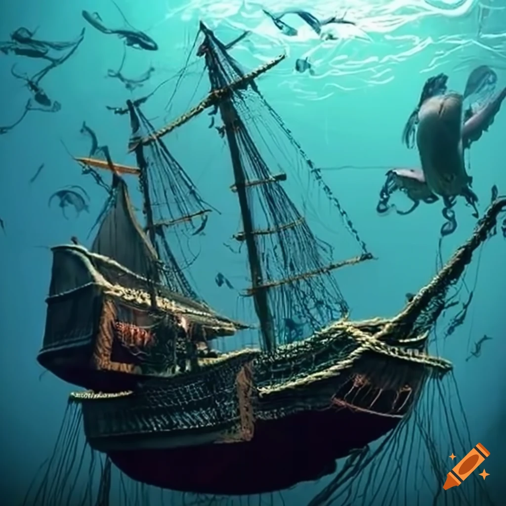 Pirate ship catching fish with a net on Craiyon