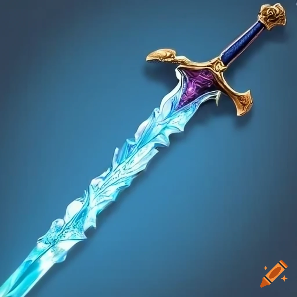 Magical great sword with a blue crystal blade and intricate handle on ...