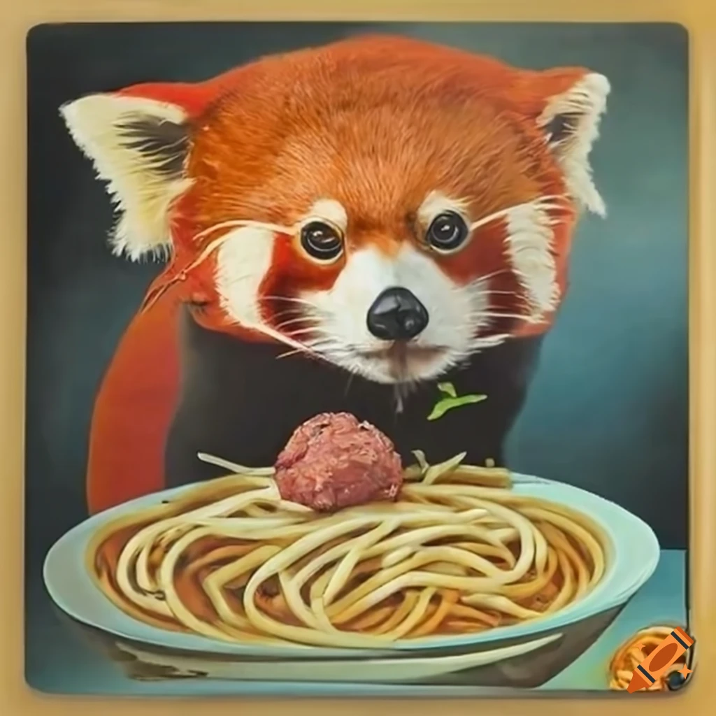 Surreal painting of a red panda eating spaghetti with two meatballs in ...