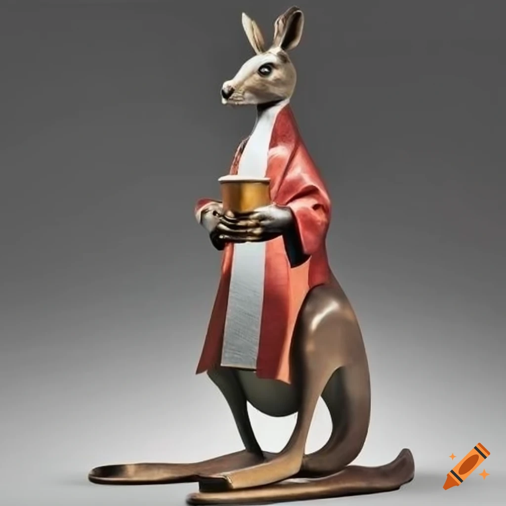 Kangaroo judge with gavel smashing a metal statue on Craiyon