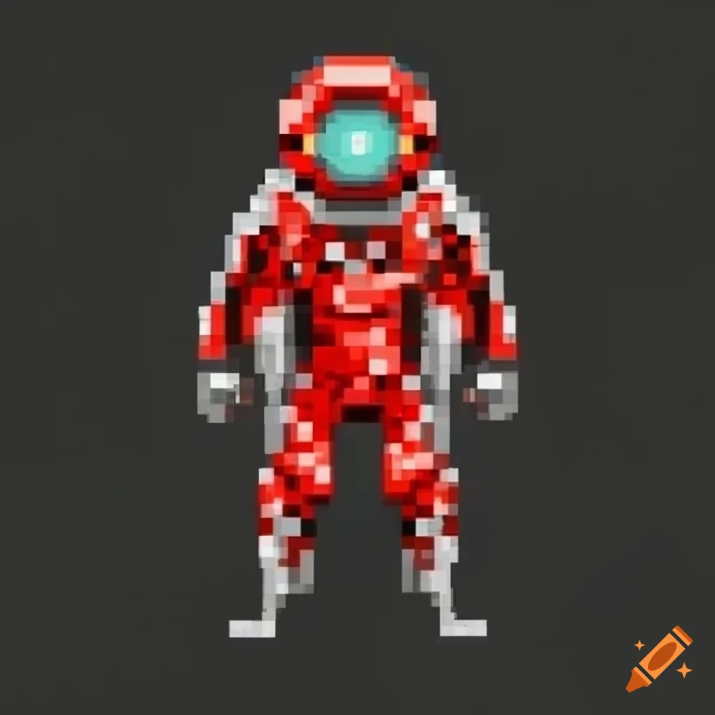 Pixel art of a retro fps enemy in a red and silver spacesuit on Craiyon