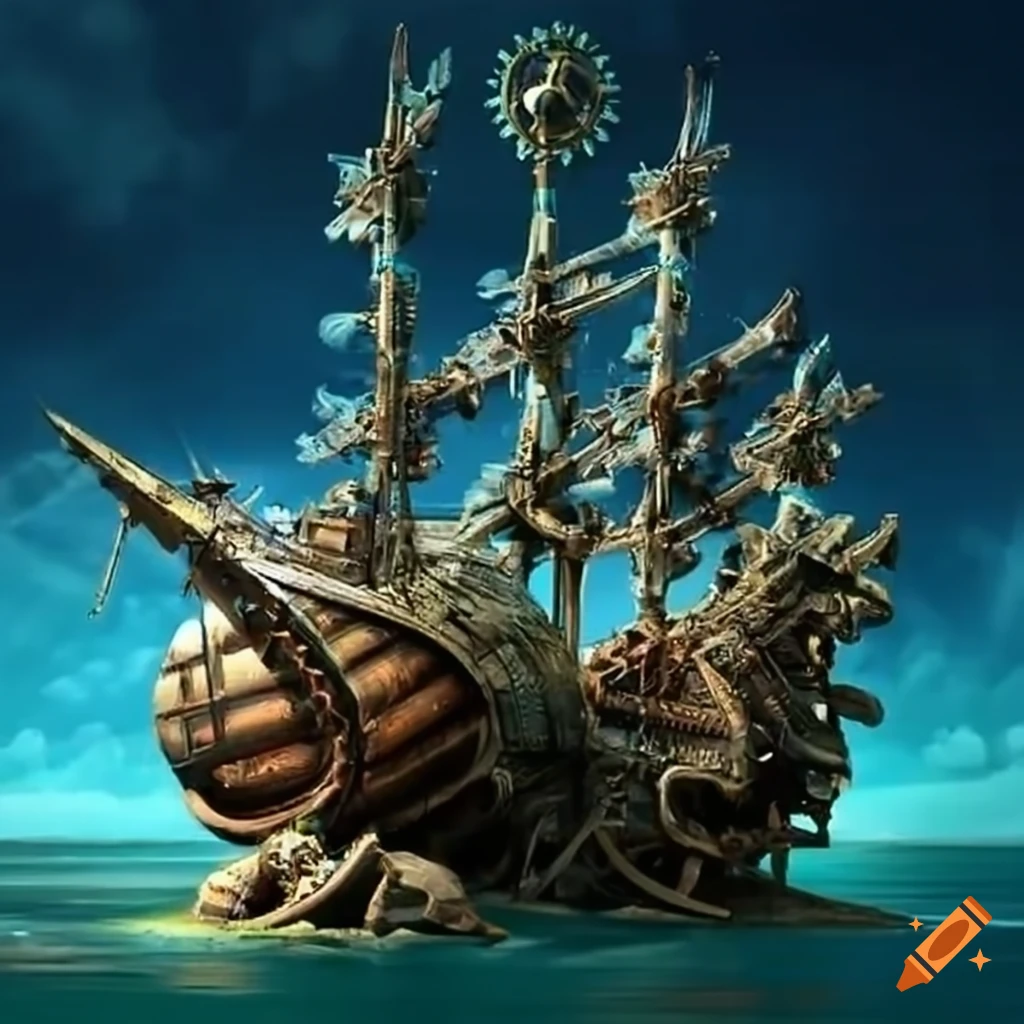 Mechanical steampunk beach-wrecked ship on Craiyon