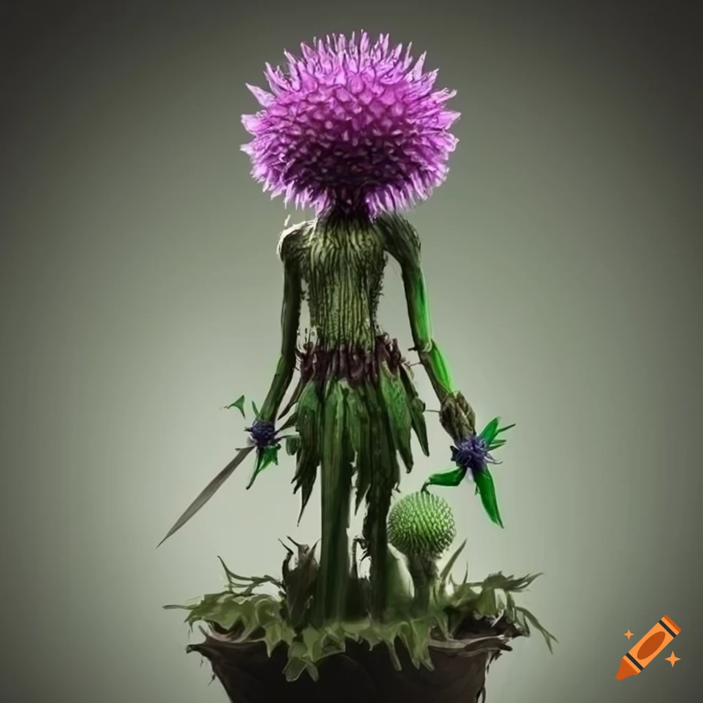 Fantasy illustration of humanoid thistle plant holding a sword on Craiyon