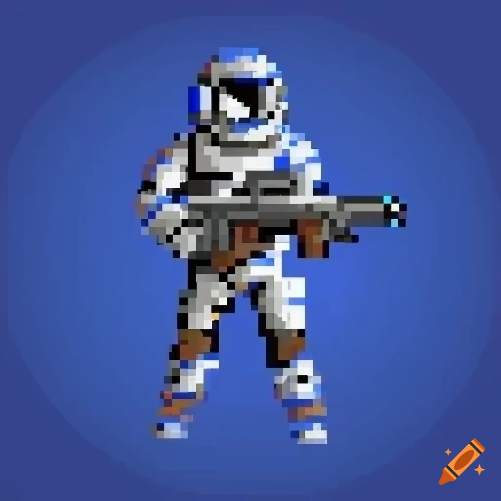 Retro fps enemy in blue and white spacesuit pixel art on Craiyon