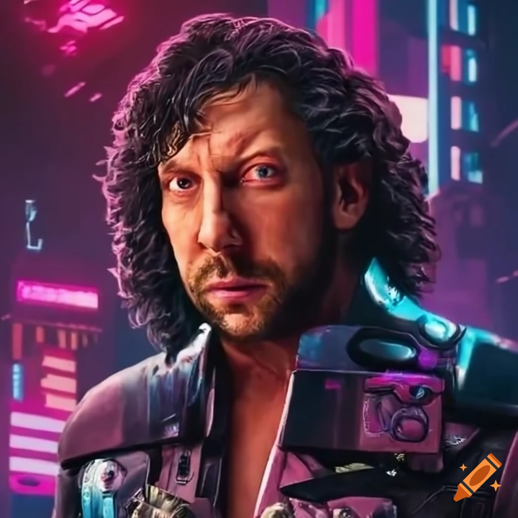 Kenny omega in a sci-fi cyberpunk cinematic movie scene on Craiyon