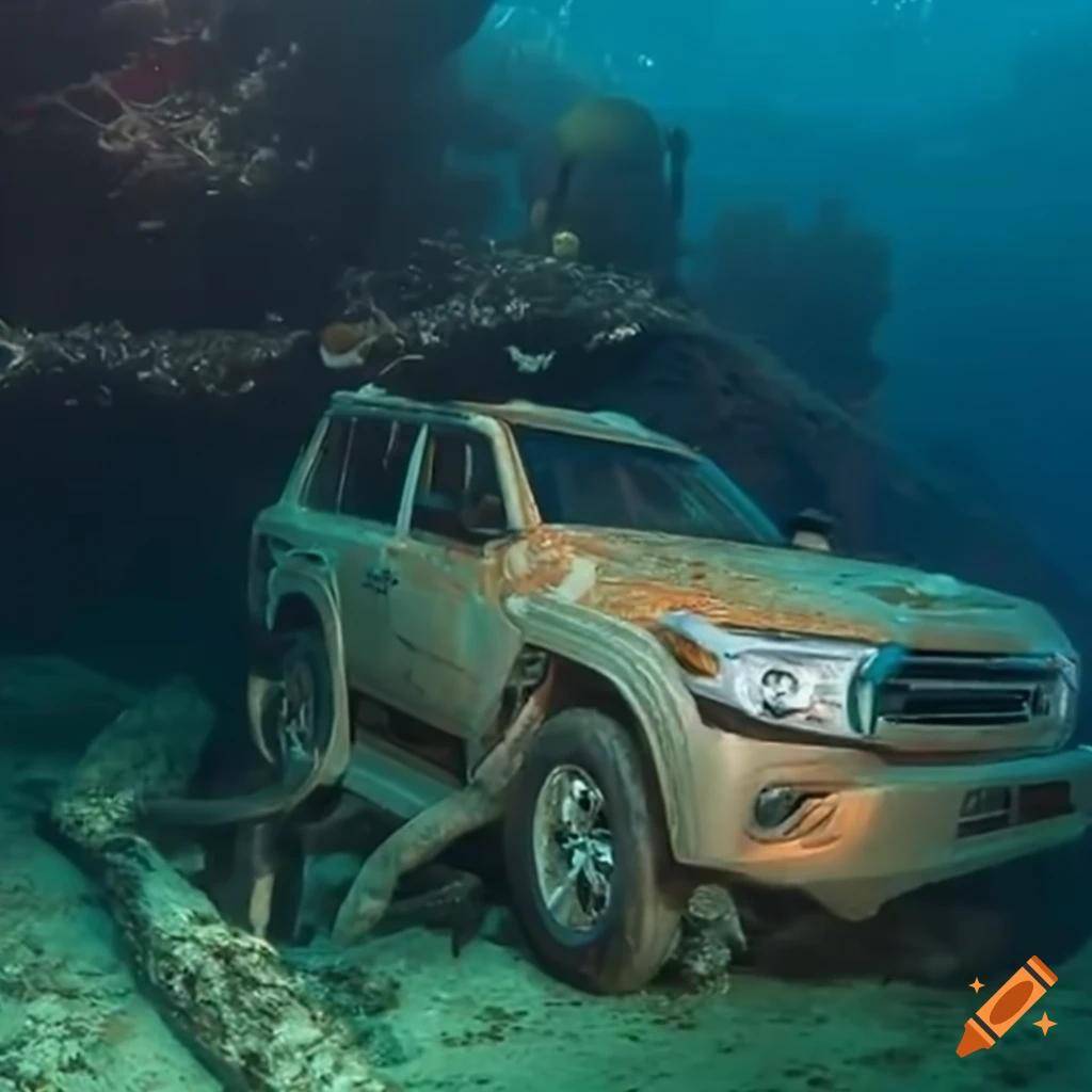 Sunken Toyota Land Cruiser with divers and clown fish on Craiyon