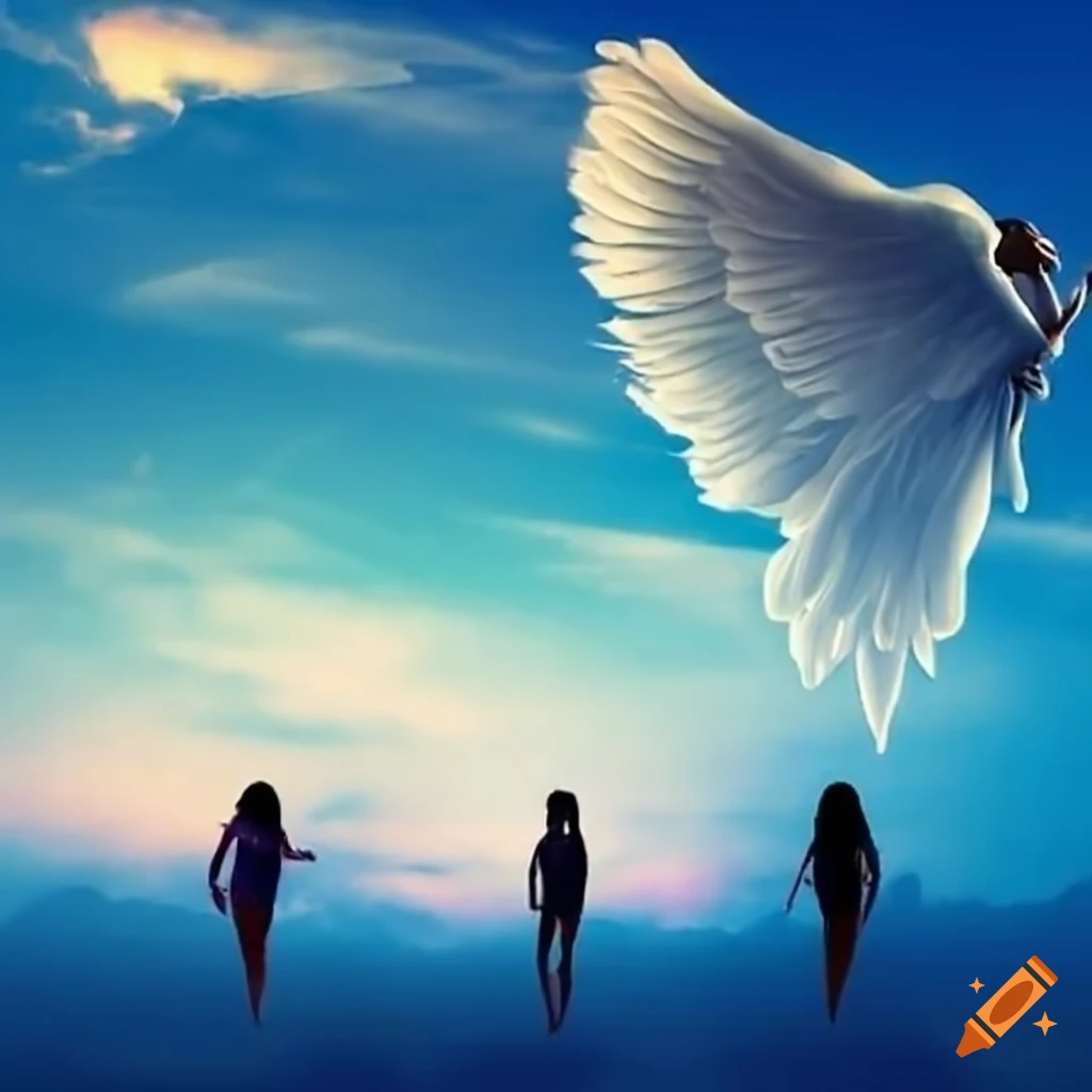 Three women watching an angel in the sky on Craiyon