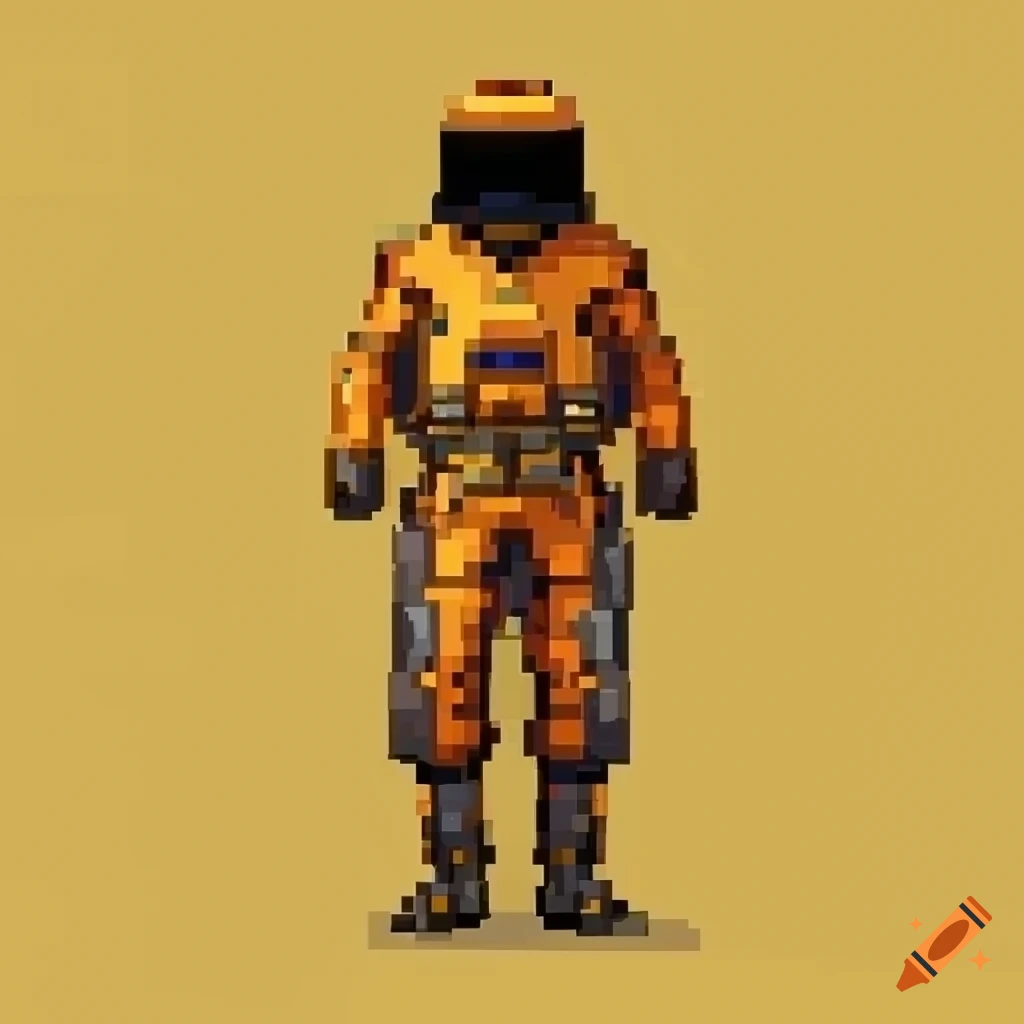 Retro fps enemy in orange and yellow spacesuit in pixel art style on ...