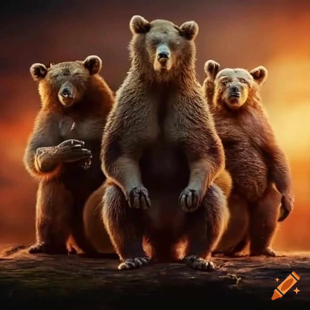 Three fierce and brave bears standing together on Craiyon