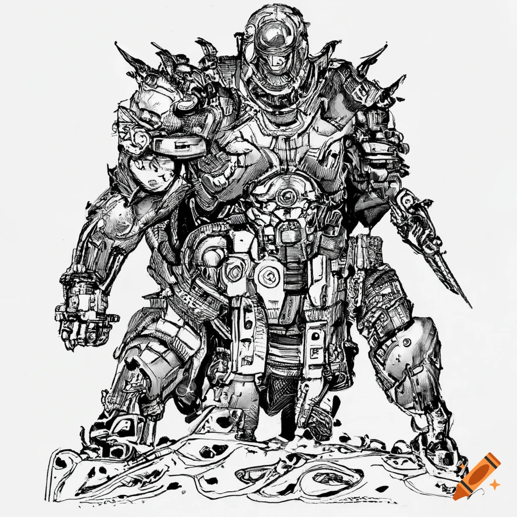 Mechanized cyborg warrior pen and ink illustration on Craiyon