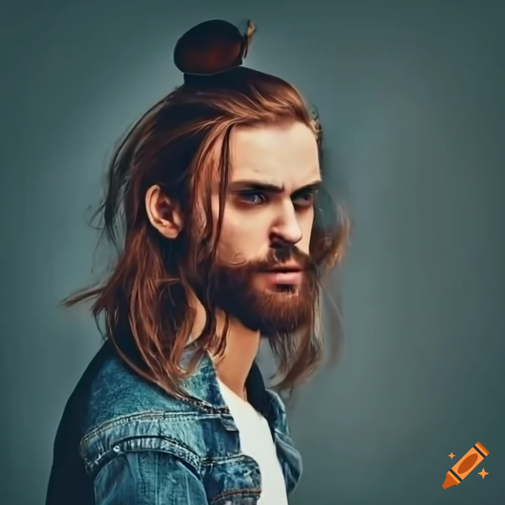 Man with long hair, beard, and biker-style clothing on Craiyon