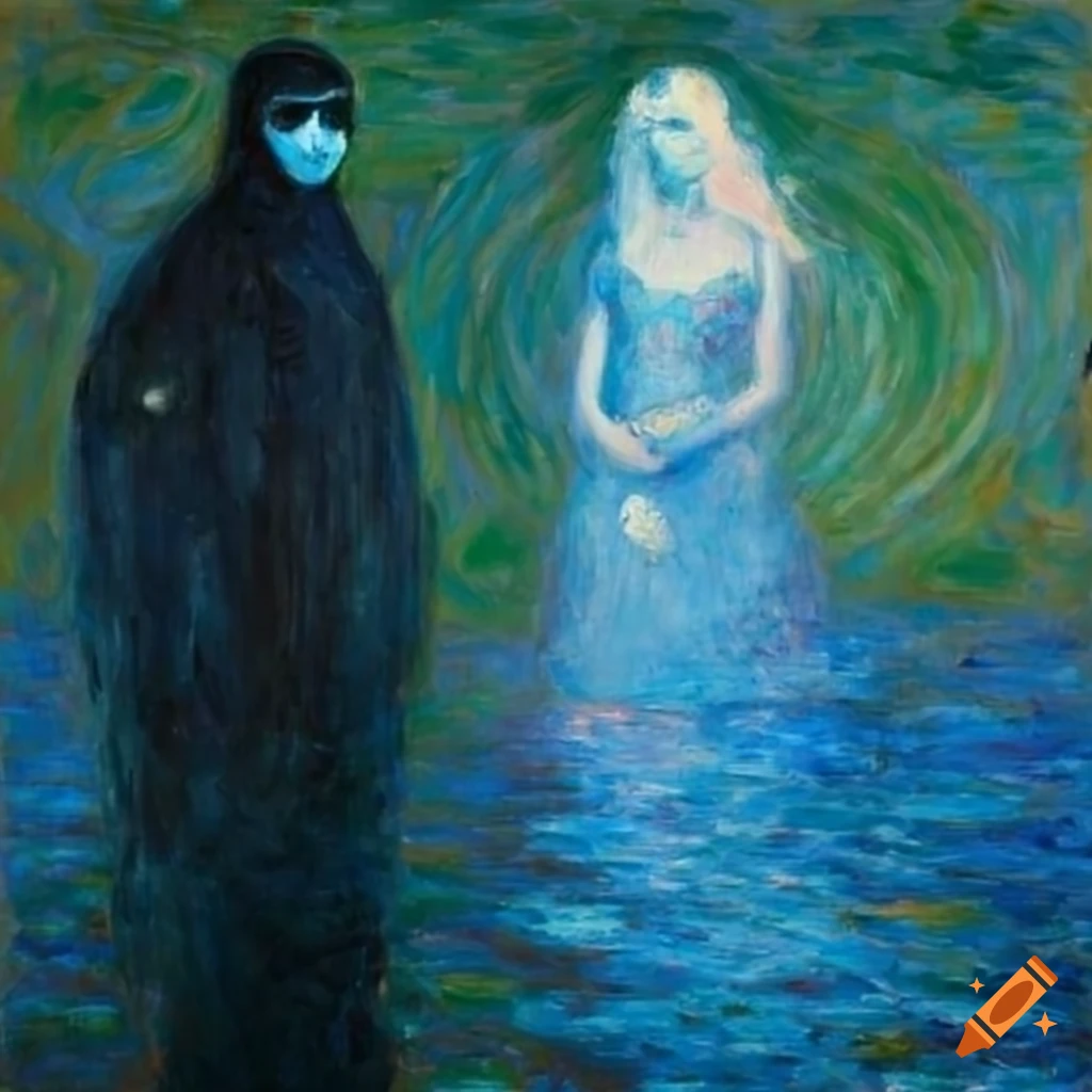 Impressionistic nocturnal painting of two masked people hugging by the ...