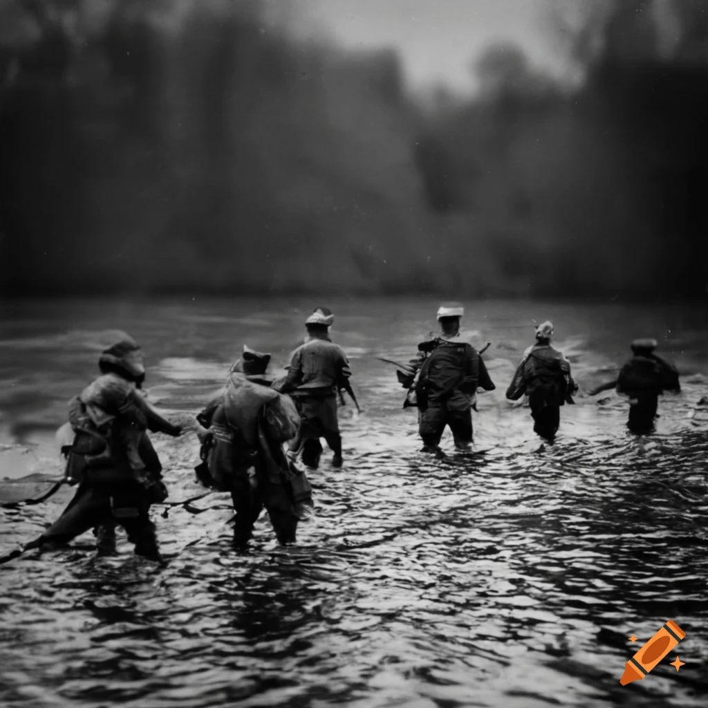 WW2 era soldiers wading through a river carrying a fallen comrade on a ...