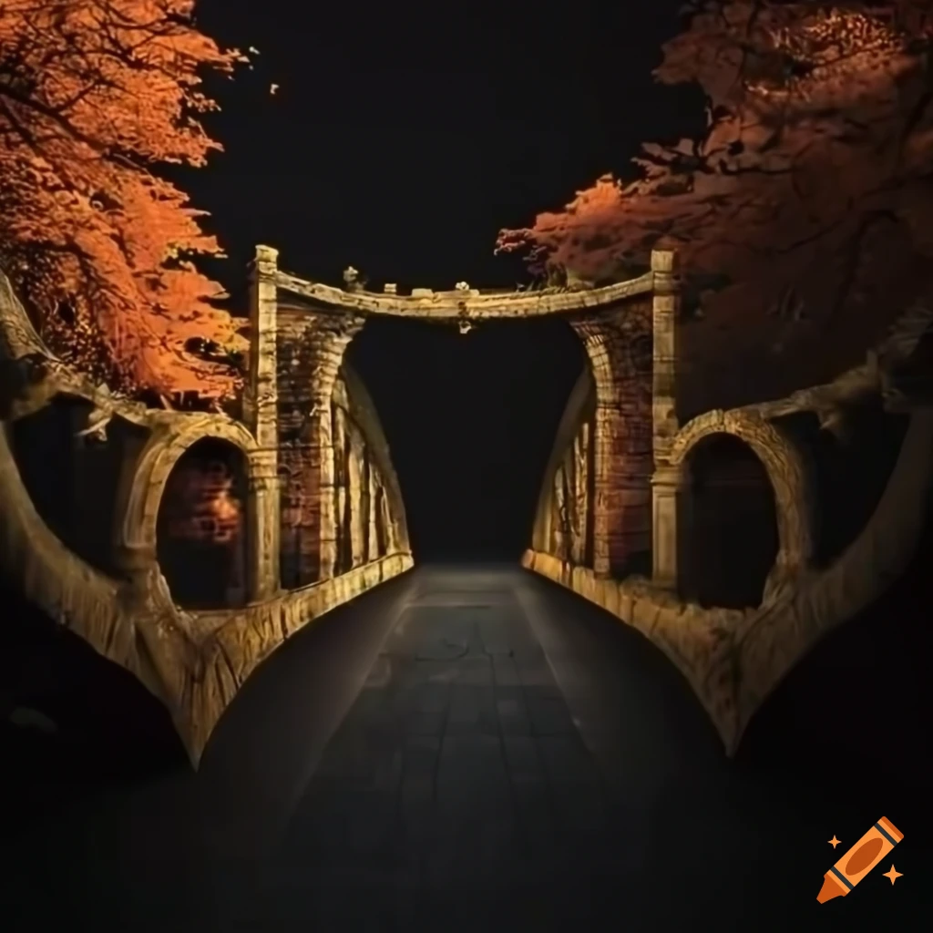 Ancient vine bridge in sharp focus with spectacular lighting on a black ...