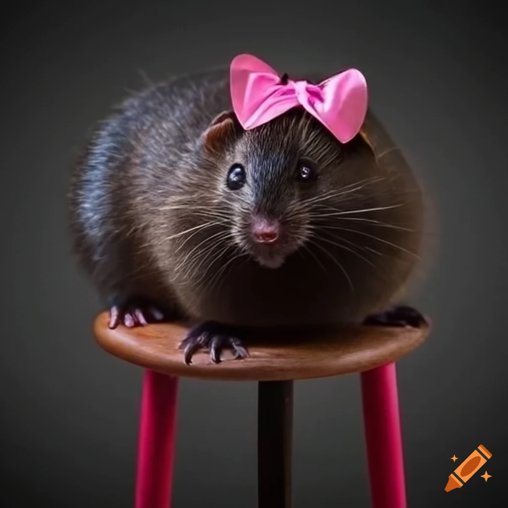Chubby black rodent with a pink bow perched on a bar stool on Craiyon