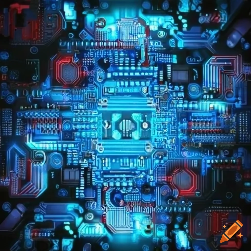 High resolution pcb with glowing blue and red components on Craiyon