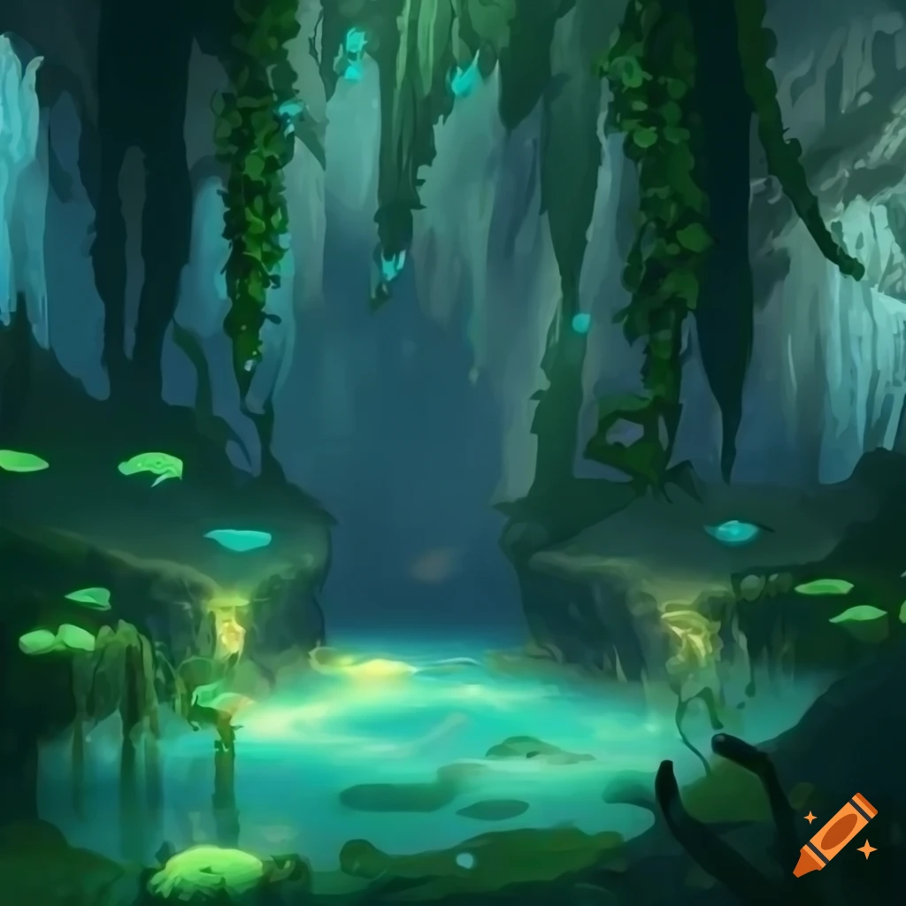 Lush cave with magical glowing berries and serene pools of water on Craiyon