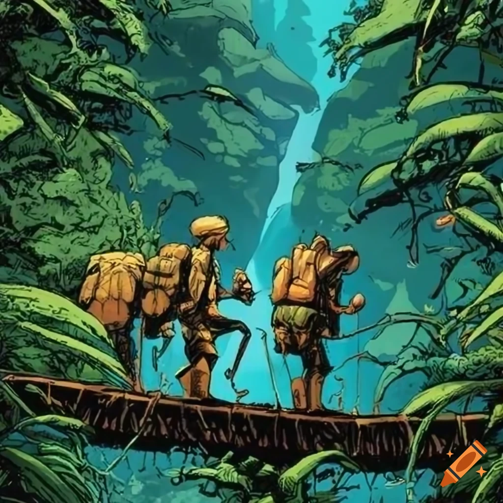 Explorers walking on a wooden suspension bridge through a rainforest in ...