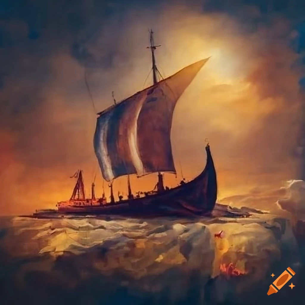 Cursed grokstad viking longship voyaging into hel under a sky of ice on ...