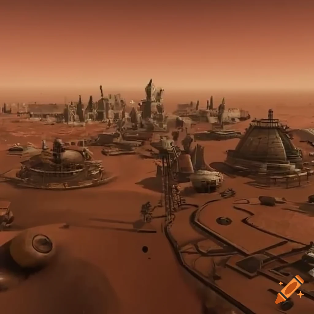 Wide landscape of a detailed steampunk city on mars on Craiyon
