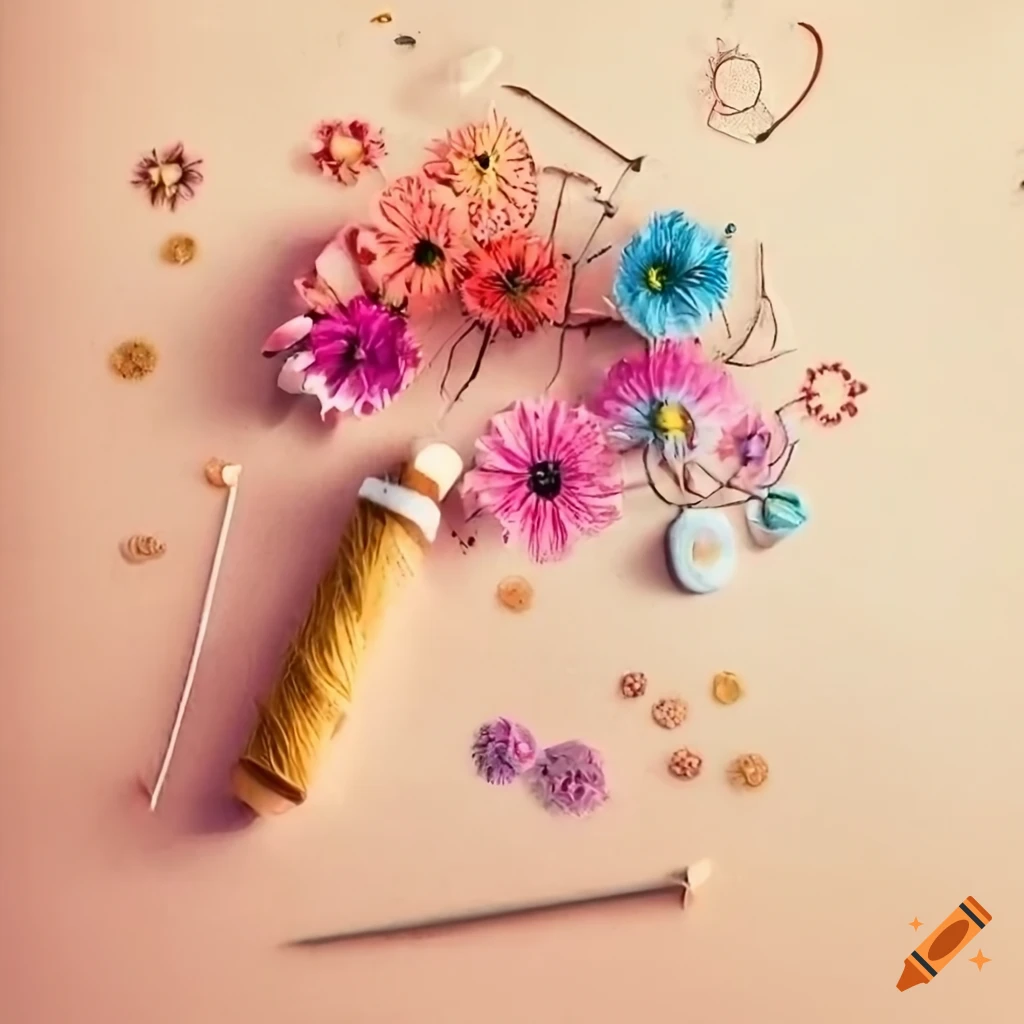Scrapbooking style paper art with sewing needles and flowers on Craiyon