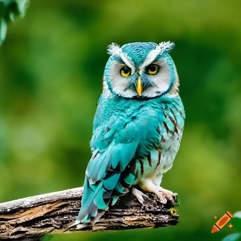 Teal owl resting on a branch on Craiyon
