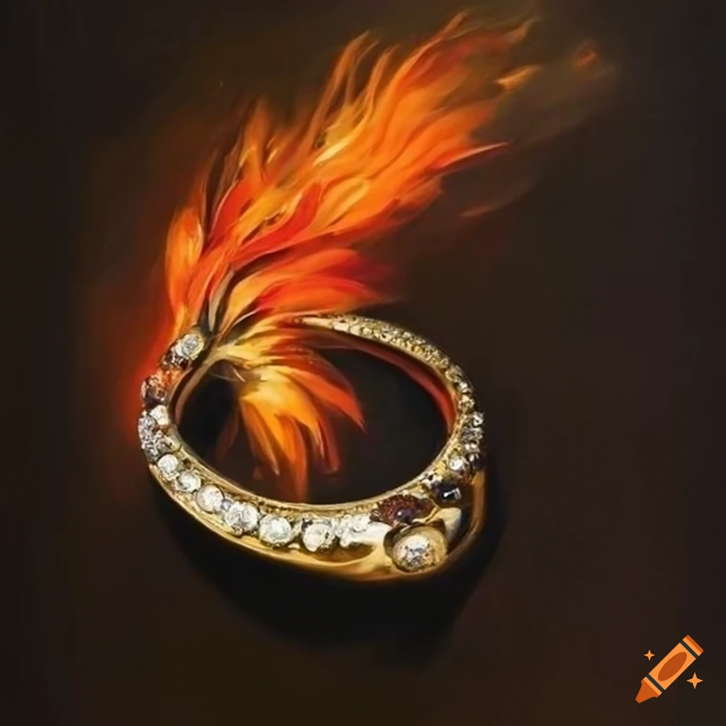 Fiery jeweled ring on a hand emitting raw power and orange light in an ...